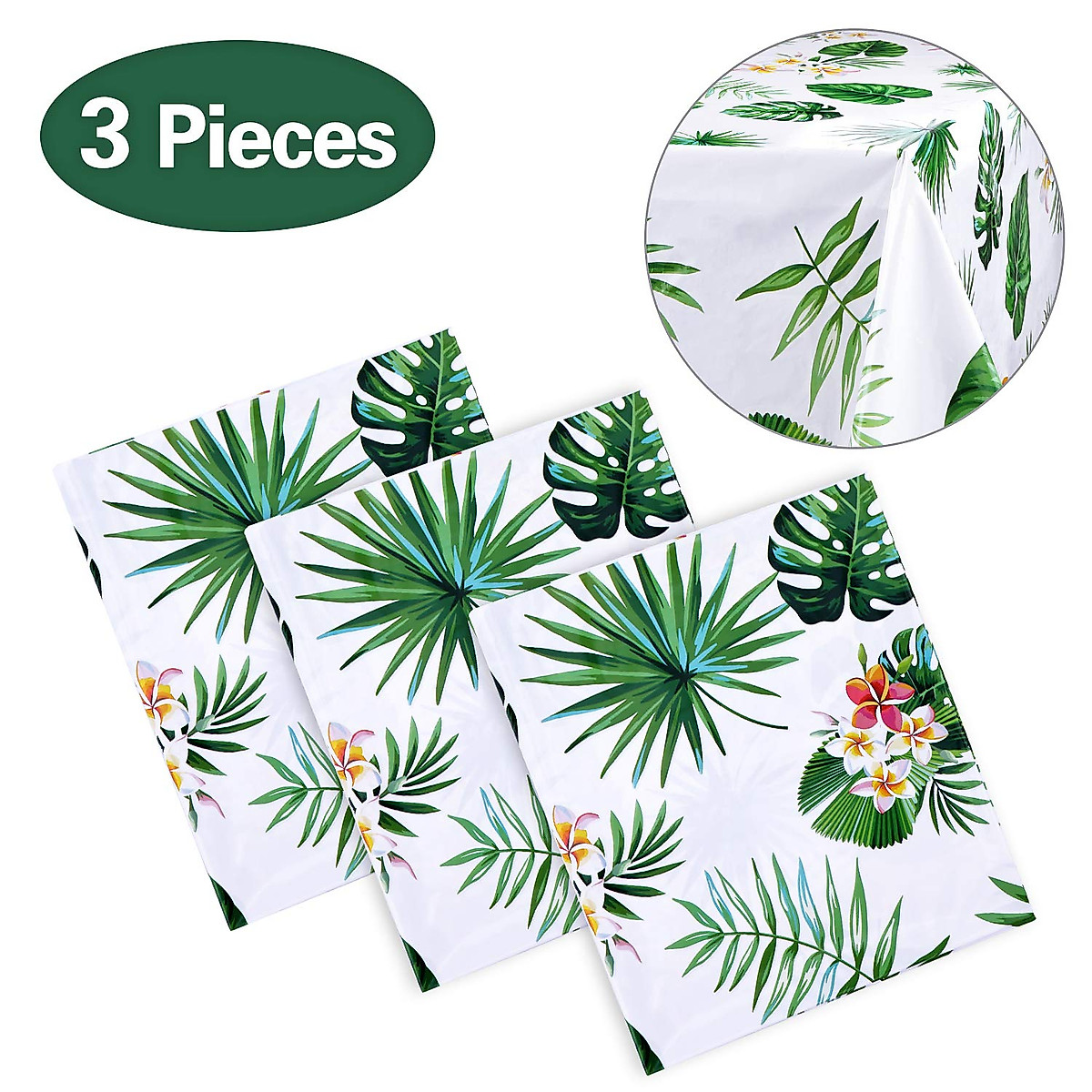 3 Pack Hawaiian Luau Tablecloths for Party Decoration, Hawaii Disposable Plastic Rectangular Table Covers, Aloha Tropical Palm Leaves Table Cloth, Summer Beach Kids Birthday Cocktail Party Supplies