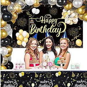 Gold Black Happy Birthday Extra Large Fabric Sign Poster Background Banner with 2pcs Waterproof tablecloths and 50pcs Metallic Shiny Latex Balloons for Birthday Party Backdrop Decoration Supplies