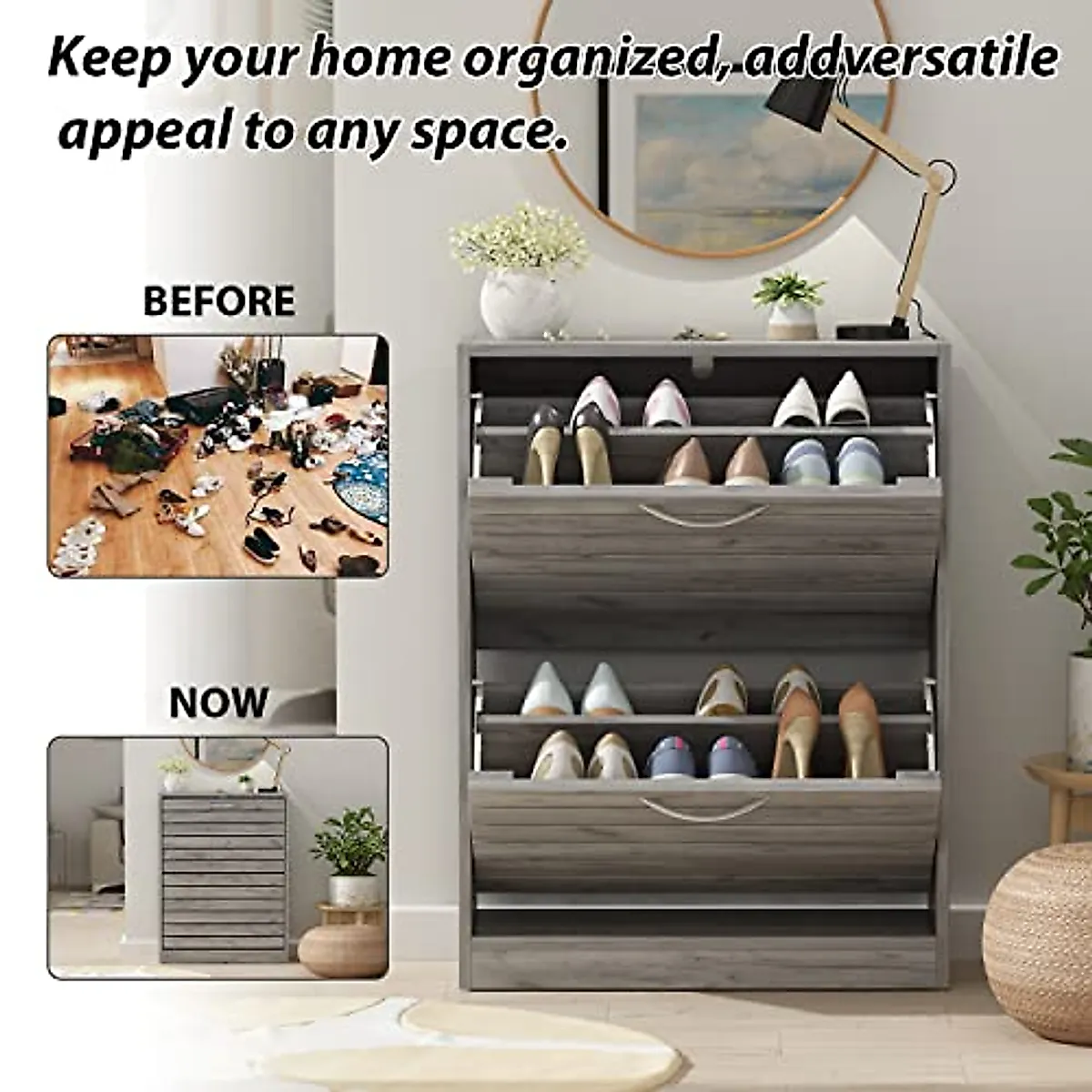 FUFU&GAGA Shoe Cabinet with 2 Flip Drawers for Entryway, Modern, Freestanding Rack Storage Organizer (22.4”W x 9.4”D x 29.5”H) (Light Grey)