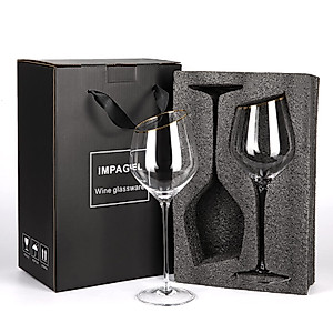 Gold Rimmed Wine Glasses Set of 2,No-Lead Crystal Long Stem Red Wine Glasses,Hand Blown Unique White Wine Glasses with Stem-for Burgundy,Cabernet,and Bordeaux, Christmas Gift,15 oz-Clear