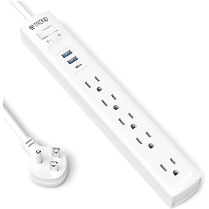 TROND Power Strip Surge Protector, Flat Plug 6ft Extension Cord, 5 Widely AC Outlets with 3 USB Ports(1 USB C), 1440J, 1250W, Wall Mount, Desktop Charging Station for Home Office Dorm Room, White