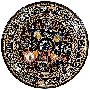 Black 49" Marble Dining Round Table Top Pietra Dura Italian Inlay Hallway Furniture Decor