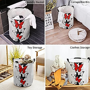 Red Black White Butterfly Laundry Basket Large 16.5"x17" Waterproof Laundry Hamper, Vintage White Wooden Grain Collapsible Toys Blankets Storage Baskets Clothes Hamper for Bathroom Bedroom Living Room