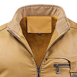 Maiyifu-GJ Men Vintage Stand Collar Leather Jacket Faux Leather Fleece Lined Motorcycle Jacket Lightweight PU Zip Up Outwear (Yellow 2,3X-Large)