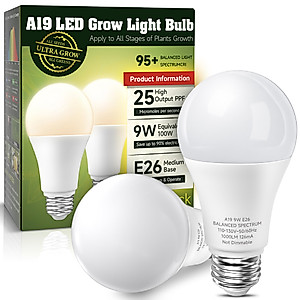 Grow Light Bulbs, LED Grow Light Bulbs A19, Full Spectrum Plant Light Bulbs, 100W Equivalent Grow Bulb, E26 Base, 9W Grow Lights for Indoor Plants, Flowers, Seed Starting, Greenhouse, 4000K, 2-Packs