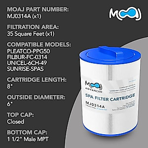 MOAJ Advanced Spa Filter Replaces PPG50, PPG50P4, Filbur FC-0314, Unicel 6CH-49, Sunrise Spas | 8" x 6" | 35 Square Foot Filtration Area Per Cartridge | Durable, Washable & Reusable | Based in USA