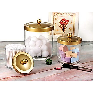 Premium Quality Apothecary Jars - Clear Plastic Storage Jars with Rust Proof Stainless Steel Lids - Bathroom Vanity Countertop Storage Organizer Canister Holder House Decor | Set of 3 (Gold)