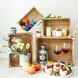 JUMBO HUMBLE Large Torched Wood Storage Crates Decorative, Set of 4 Nesting Wooden Crates for Display Rustic, Farmhouse Wooden Storage Container Boxes Made from 100% Wood