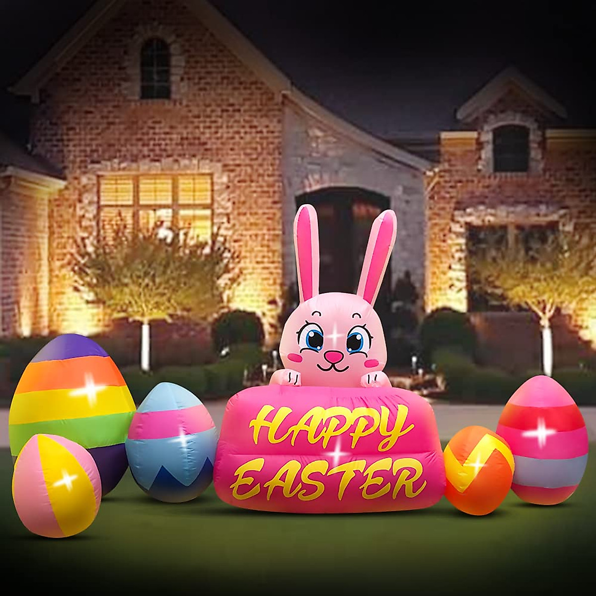 Domkom 8FT Easter Inflatable Decorations Bunny with Eggs, Build-in LED Lights Holiday Blow Up Yard Decoration, for Easter Holiday Party, Outdoor,Garden, Yard Lawn Decor