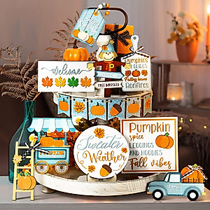 15 Pieces Fall Tiered Tray Decor Set Thanksgiving Pumpkin Tray Decor Scarecrow Truck Fall Decor for Home Autumn Harvest Wooden Table Decorations Signs