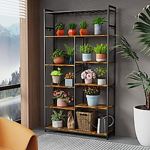 Iaocpio Double Wide 6 Tier Bookshelf, Bookshelves and Bookcases with 6 Hooks. Industrial Bookshelf for Living Room, Bedroom, and Home Office Brown.