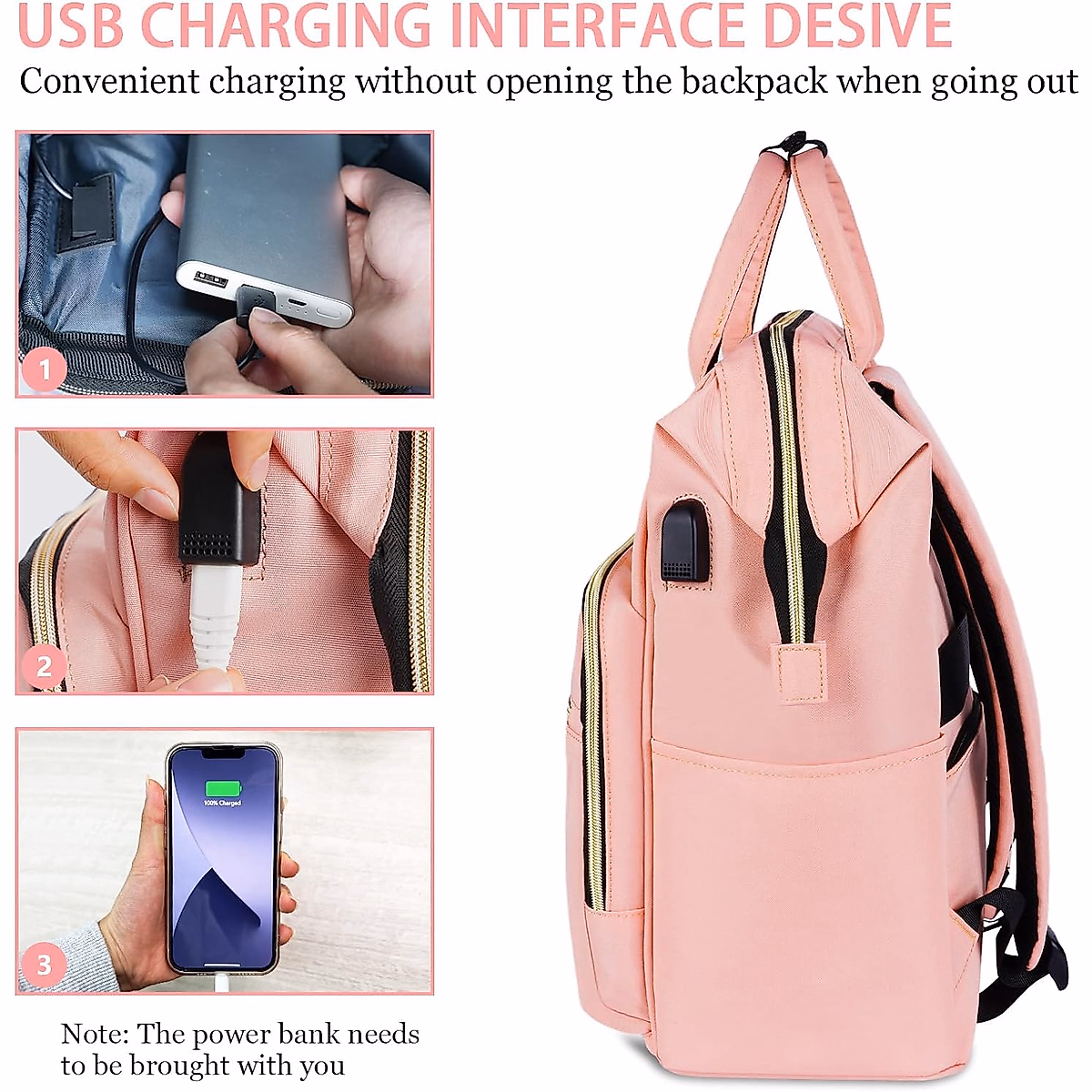 Ytonet Pink Laptop Backpack for Women, 15.6 Inch Anti theft Backpack with USB Charging Port, Water Resistant Travel Carry On Backpack with Laptop Compartment for Work/Nurse/Teacher, Pink