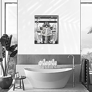 Funny Bears Canvas Wall Art Black and White Pictures Farmhouse Bathroom Wall Decor Bear Sitting in Toilet Reading Newspaper Painting for Toilet Bathroom Animals Artwork Framed 12"x16"