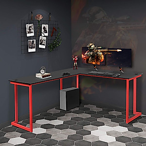 AOTIFARM L-Shaped Gaming Desk rner puter Desk Home Office Writing Workation Desk Modern PC Laptop udy Table Metal and Wood,Black and Red