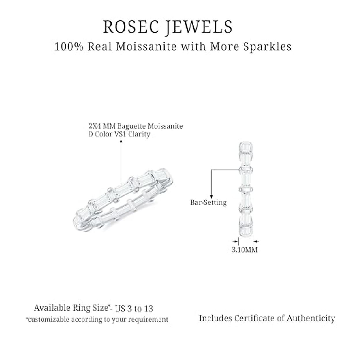 Certified Moissanite Diamond Eternity Band, D-Vs1 Quality, East West Ring, Moissanite Anniversary Ring - With Jewelry Box, 14K White Gold, Size:US 7.00