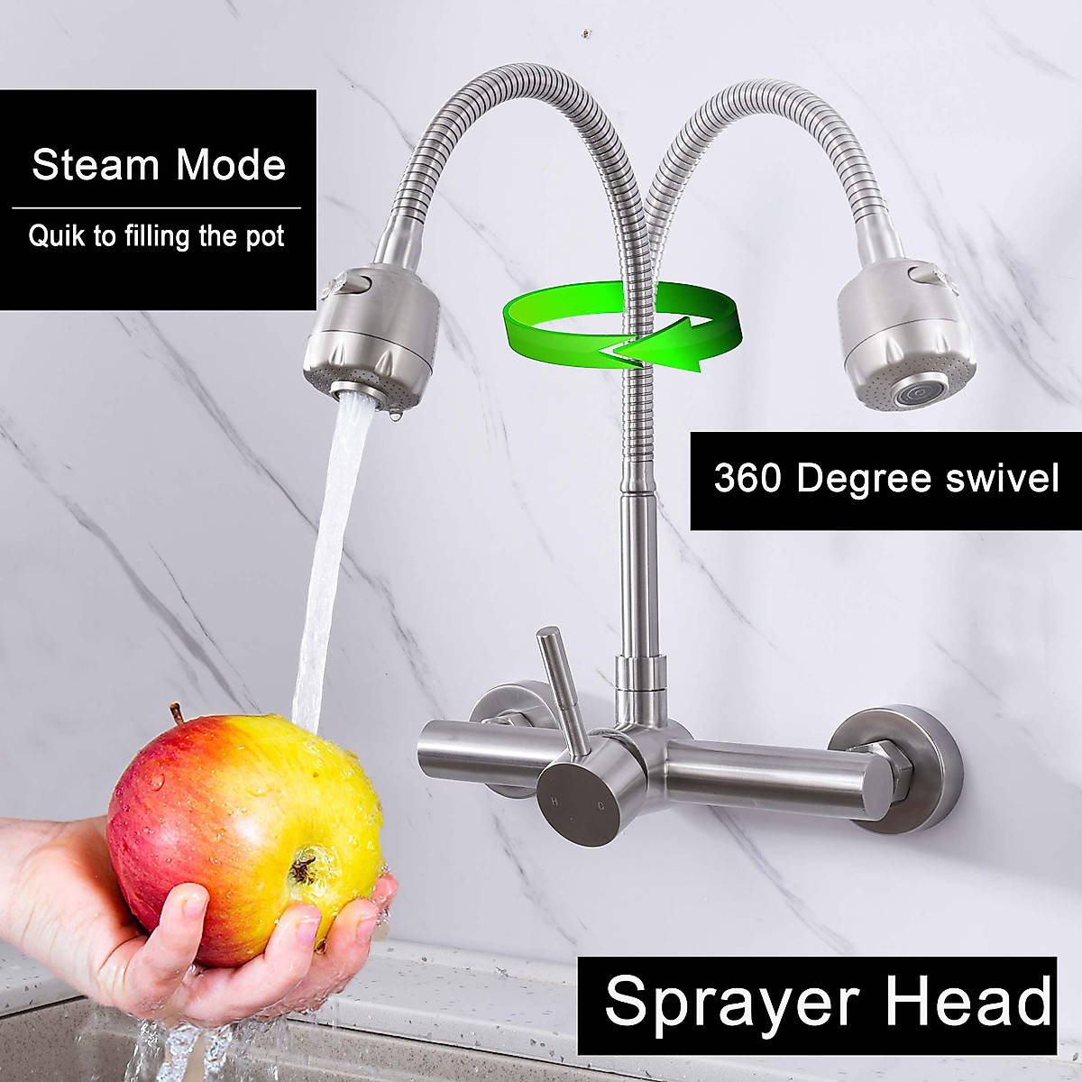 Wall Mount Kitchen Faucet One Handle 8" inch Center Commercial Sink Faucet with Stainless Steel Constructed Brushed Nickel Finish Commercial Kitchen Sink Faucet