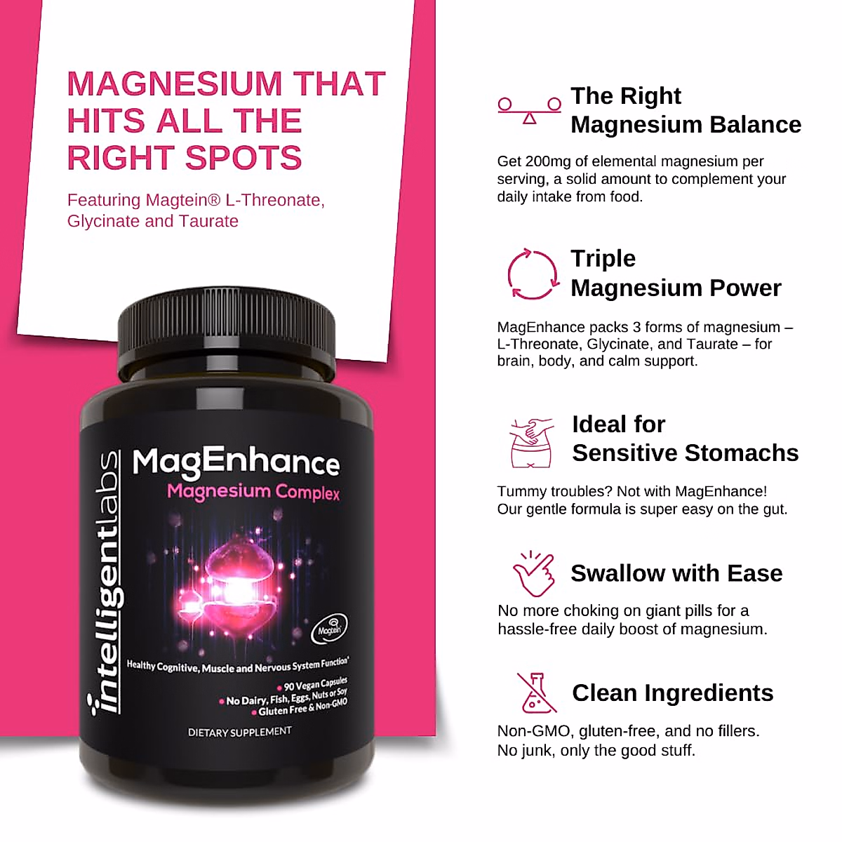 Intelligent Labs MagEnhance Magtein Magnesium Complex Supplement L-Threonate with Magnesium Glycinate and Taurate, 90 Capsules