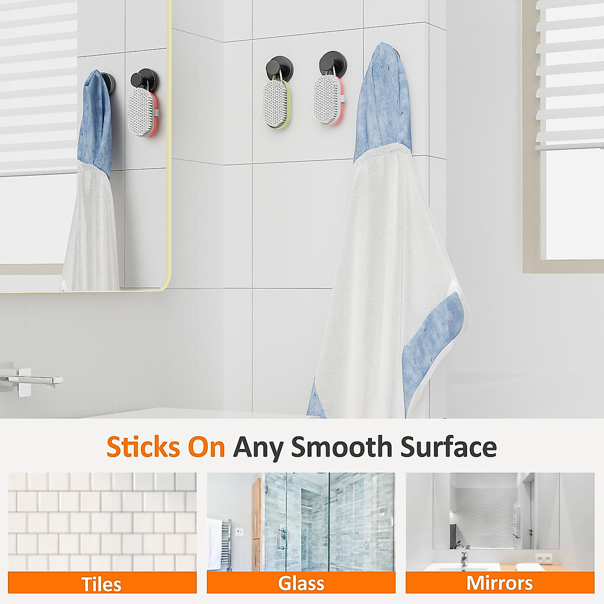 Suction Cup Hooks for Shower, Bathroom, Hanging Towels, Robe, Loofah, 2 Pack Upgrade Stainless Steel Suction Cup Hooks, Mounting on Glass Shower Doors, Tile, Mirrors, Hanging Up To 11 Lbs, Matte Black