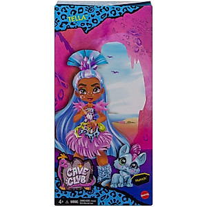 Mattel Cave Club Tella Doll (8-10-inch, Blue Hair) Poseable Prehistoric Fashion Doll with Dinosaur Pet and Accessories, Gift for 4 Year Olds and Up