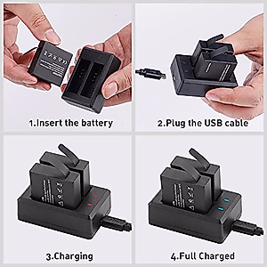 GeeKam 1350mAh Battery (3 Pack) with 2-Channel Charger for AKASO Brave 7 LE, Victure AC940/AC960, XTU S3, WOLFANG ‎GA400/GA420, Campark V40, Rollei 6s Plus/8s Plus/9s Plus