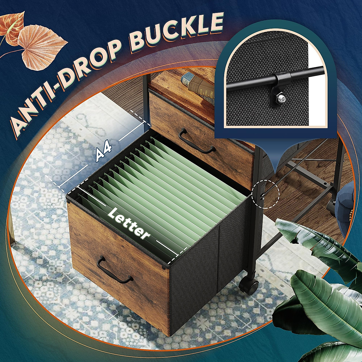 DEVAISE 2 Drawer Mobile File Cabinet, Rolling Printer Stand with Open Storage Shelf, Fabric Vertical Filing Cabinet fits A4 or Letter Size for Home Office, Rustic Brown Wood Grain Print