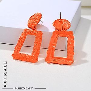 KELMALL Raised Design Drop Dangle Statement Earrings for Women Classic Metallic Geometric Rectangle Earring- Neon Orange