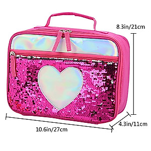 Handheld Lunch Box, Reusable Insulated Flip Sequins Lunch Tote Bag Handheld Box Roomy Carry Bag Lunchbox Gifts for Women Glittering Shining Office Travel Meal Tote Kit (Rose Red Heart)