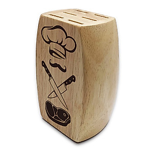 Funny Chef Cuts Steak Pattern Farmhouse Kitchen Decor Knife Block For Steak Knives 5 Inch Utility Knives 6 Piece Slot Organizer Durable 100% Natural Oak Wood, Gifts for Family Friends, 3.7x2.4x5"