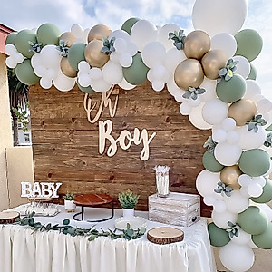 RUBFAC 65Pcs 12 Inches Sage Green Gold Confetti Balloons Kit, Green White Metallic Gold Party Balloons with Ribbons for Birthday, Wedding, Baby Shower, Graduation, Eucalyptus Party Decorations