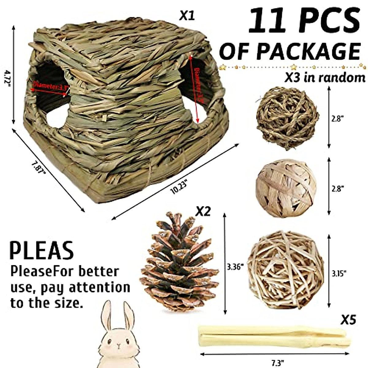 PINVNBY Guinea Pig Grass House with Chew Toys Little Rabbit Natural Hideout Small Pet Grass Hut with Play Toys for Bunny Hamster Rat Chinchilla Hedgehog Squirrel Gerbil（Ball at Random）