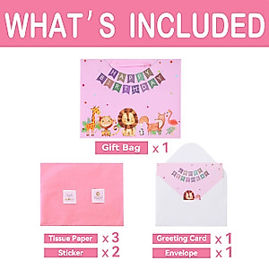 13" Large Pink Gift Bag Set with Greeting Card and Tissue Papers (Animal and Happy Birthday) for Girls', or Kids' Party, Baby Showers, Baby Girls, Newborn, New Moms or Parents- 13”x5.2”x10.2”, 1 Pcs