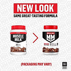 Muscle Milk Genuine Protein Powder, Vanilla Crème, 2.47 Pound, 16 Servings, 32g Protein, 2g Sugar, Calcium, Vitamins A, C & D, NSF Certified for Sport, Energizing Snack, Packaging May Vary