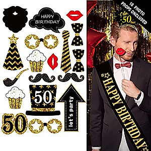 50th birthday decorations for men women - (76pack) black gold party Banner, Pennant, Hanging Swirl, birthday balloons, Tablecloths, cupcake Topper, Crown, plates, Photo Props, Sash for gifts