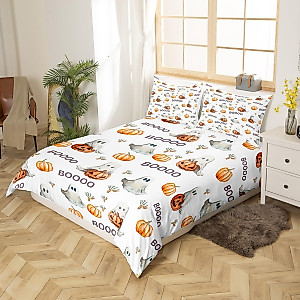 Manfei Halloween Kids Duvet Cover Set King Size, Autumn Pumpkin Comforter Cover, Cartoon Halloween Ghost Bedding Set for Boys Girls Adults Bedroom Decor, Lightweight Bedspread Cover, 2 Pillowcases