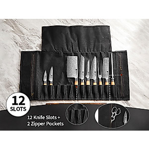 XINZUO Chef Knife Roll Bag Professional,16oz Waxed Canvas and Crazy Horse Leather,12 Slots Plus 2 Zipper Pockets,Adjustable Shoulder Strap-Travel Tool Roll Pouch(Bag Only)