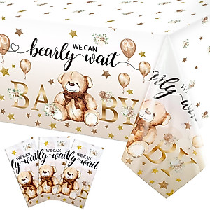 Capoda 3 Pcs Bear Baby Shower Tablecloths Bear Gender Reveal Table Covers Rectangle Plastic Bear Table Cloths for Bear Baby Shower Gender Reveal Party Decorations, 54 x 108 Inch, Brown