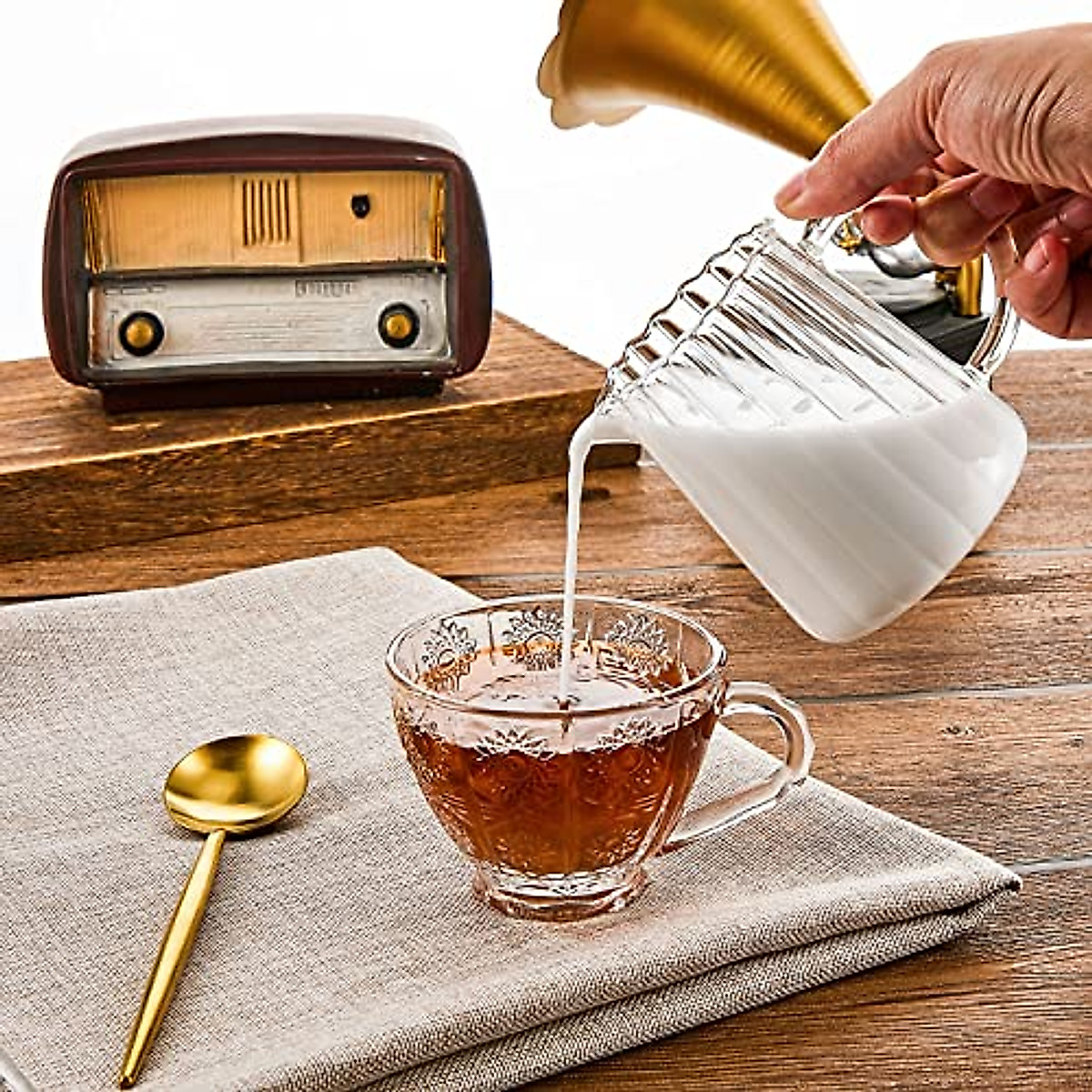 2 Pcs Small Glass Pitcher Elegant Shaped Crystal Glass Creamer Pitcher Glass Tea Pitcher Coffee Milk Creamer Pitcher Creative Milk Frothing Pitcher Milk Frother Cup Creamer Jug(Wave Style)