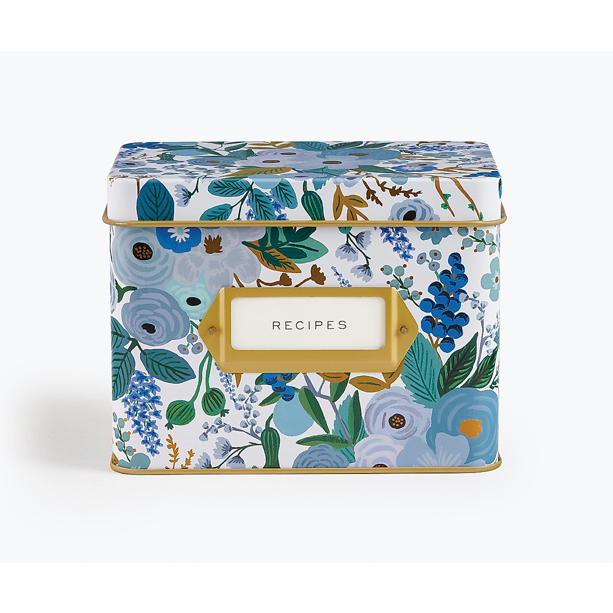 RIFLE PAPER CO. Garden Party Blue Recipe Tin, Gold Metallic Interior, Gold-Framed Label On Front, Includes 24 Recipe Cards and 12 Recipe Dividers, Bring Charm and Cheer Into Your Kitchen
