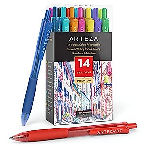 ARTEZA Colored Gel Pens, Pack of 14, Unique Vibrant Colors, Fine 0.7 mm Tip, Retractable, Art Supplies for Journaling, Drawing, Doodling, and Notetaking