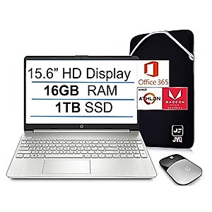 2021 Newest HP 15.6" HD Display Laptop, AMD Athlon Silver 3050U(up to 3.2GHz, Beat i3-8130U), 16GB RAM, 1TB SSD, 1-Year Office 365, WiFi, Bluetooth, HDMI, Webcam, Win 10S, Silver, JVQ Mouse+Sleeve