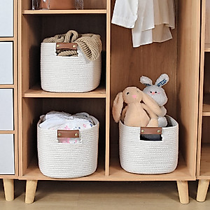 Collapsible Cotton Rope Storage Baskets [1-Pack], Woven Shelf Storage Basket, Nursery Organizers, Laundry Basket for Baby Clothes, Toys, Makeup, Books, Towels (White, 15''×10''×9'')