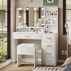 AOGLLATI Makeup Vanity Set with Lights & Charging Station, Vanity Desk with Mirror and Lights, White Makeup Desk with Cushioned Stool, Visible Drawers, Jewelry Organizers, Open Storage Shelves