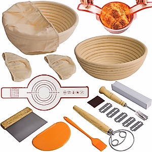 GUXVNE 16PCS Bread Proofing Basket Kit,9 In Round Sourdough Proofing Basket,Proofing Set,Sourdough Bread Baking Supplies with Dough Whisk,Linen Liner,Dough Scraper,Bread Lame,Silicone Bread Sling