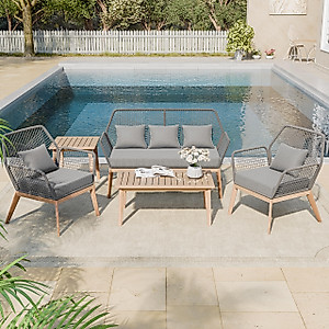 Kullavik Outdoor Patio Furniture Set,5 Pieces Indoor Rope Woven Sectional Sofa Set Modern Oak Patio Conversation Sets with Wooden Table for Balcony,Porch or Backyard,Grey