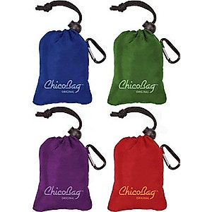 ChicoBag Original Reusable Grocery Bag with Attached Pouch and Carabiner Clip, Variety 4 Pack - Blue, Green, Purple, and Red