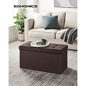 SONGMICS MAZIE Collection - 30 Inches Storage Ottoman Bench with Flipping Lid, Storage Chest Footstool, Load 660 lb, for Entryway, Living Room, Bedroom, Synthetic Leather, Brown ULSF45BR