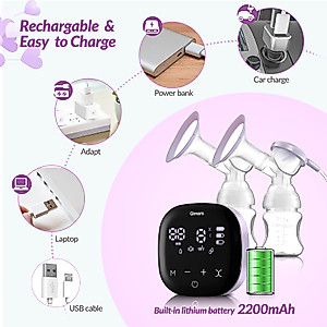 Giamrs Electric Breast Pump, Upgraded Double Breastfeeding Pump with 4 Modes & 36 Levels, 2 Sizes Flanges, Portable Rechargeable Breast Pumps for Travel, Home, Driving & Office