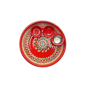 Pooja Thali with Kalash Plate Platter Decorative Puja Thali with Essential Pooja Articles for Aarti Pooja Rituals Festival Wedding Decorations (Size- 9")