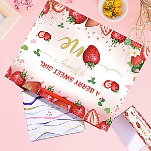 SUNDECO Strawberry Themed 1st Birthday Gift Bag with Red Tissue Paper and Card – Large Baby Girl Gift Bag for Birthday, Baby Shower, Berry First Birthday Decor, Baby Wrapping Paper Set