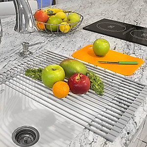 Sorbus Roll-Up Dish Drying Rack [Large 20.5'' X 13"] Over The Sink Drying Mat,- Multipurpose Dish Drainer - Fruits and Vegetable Rinser - Durable Silicone Covered Stainless Steel (Warm Gray)
